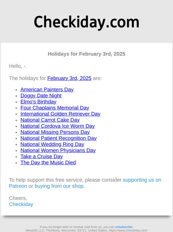 Checkiday: Holidays for February 3rd, 2025! 📅🎉 | Milled