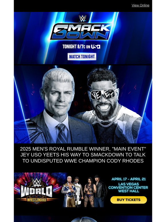 WWE Shop: SmackDown Preview: 2025 Royal Rumble Match winners Jey Uso ...