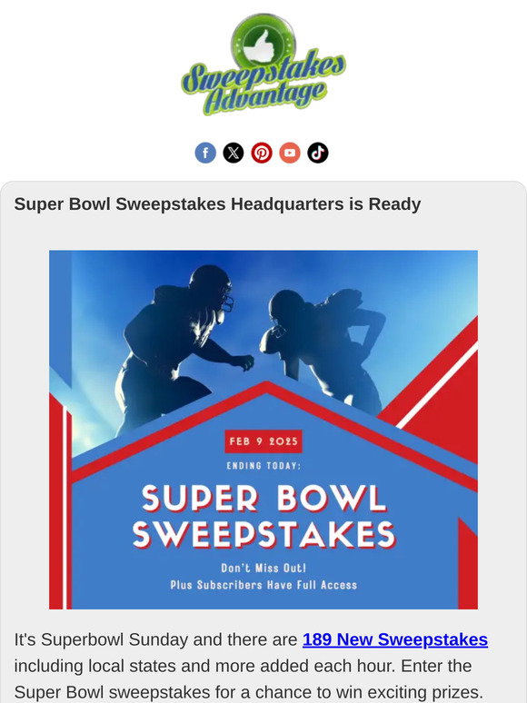 Sweepstakes Advantage: Super Bowl Sweepstakes Headquarters - SA News ...