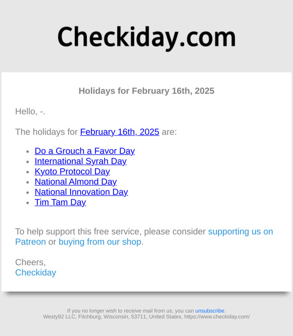 Checkiday: Holidays for February 16th, 2025! 📅🎉 | Milled