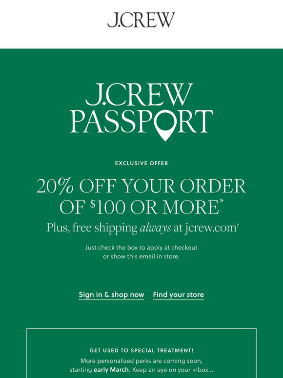 J.Crew: J.Crew Passport exclusive: 20% off your order of $100 or more ...