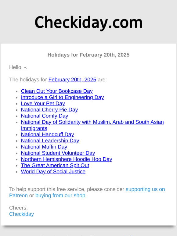Checkiday: Holidays for February 20th, 2025! 📅🎉 | Milled