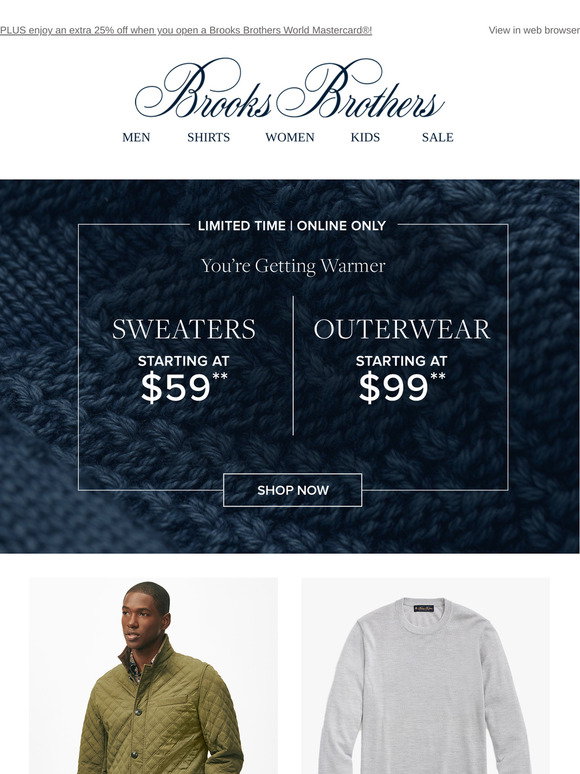 Brooks Brothers: Sweaters starting at $59 + $99 outerwear! | Milled