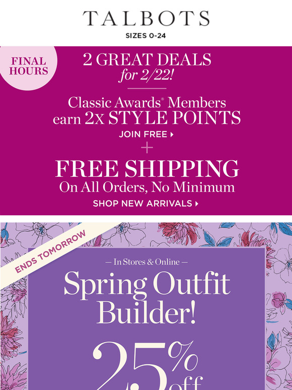 Talbots: ⌛ FINAL Hours for FREE shipping + 2x Style Points | Milled