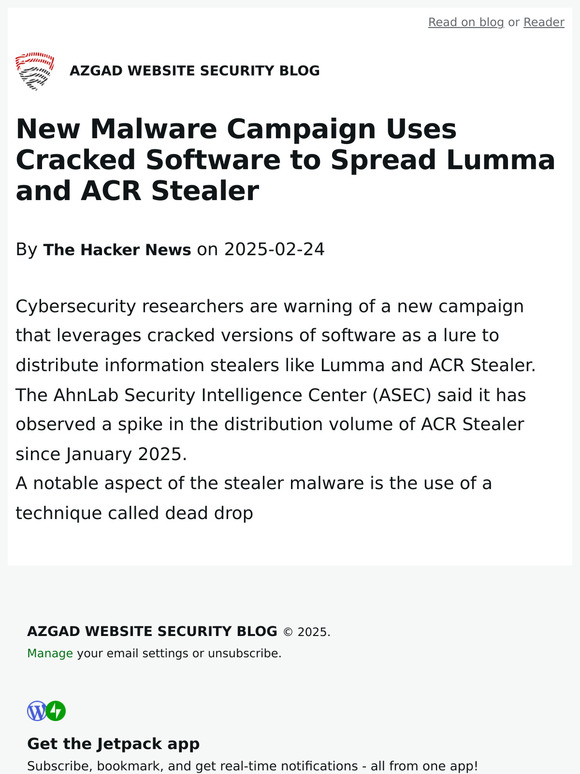 AZGAD Security: New Malware Campaign Uses Cracked Software to Spread Lumma and ACR Stealer | Milled