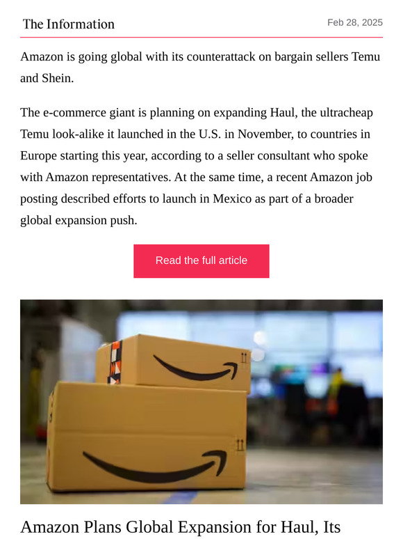 The Information: Amazon Plans Global Expansion for Haul, Its Temu Rival ...