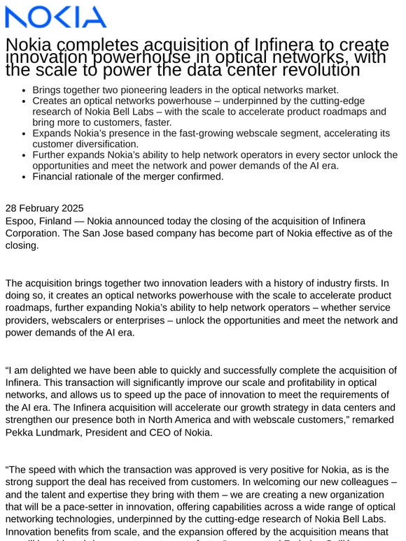 Withings: Nokia completes acquisition of Infinera to create innovation ...