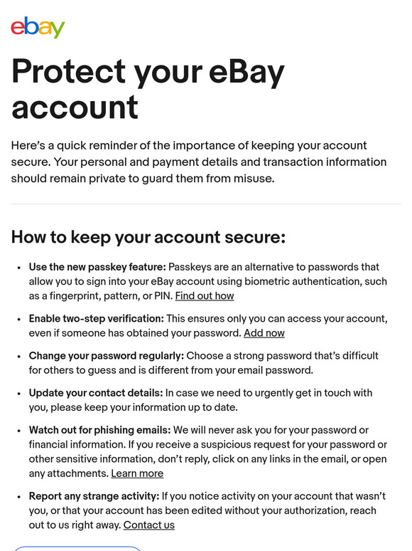 eBay: —, keep your account safe with a passkey | Milled