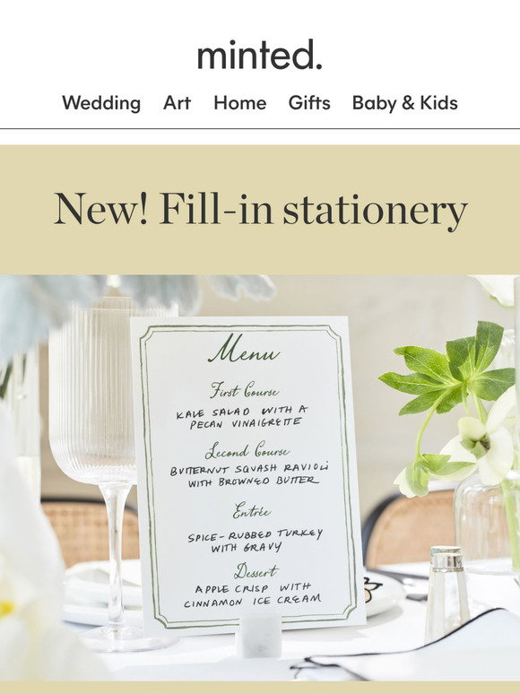 Minted: New! Fill-in menus & place cards | Milled