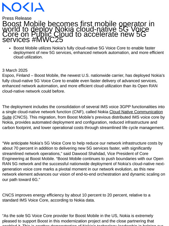 Withings: Boost Mobile becomes first mobile operator in world to deploy Nokia cloud-native 5G ...