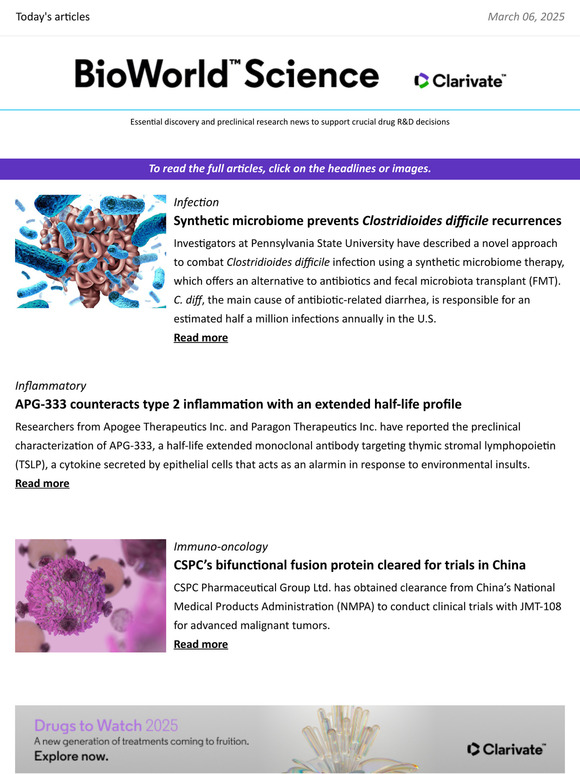 BioWorld: Full edition: Synthetic microbiome therapy for C. difficile ...