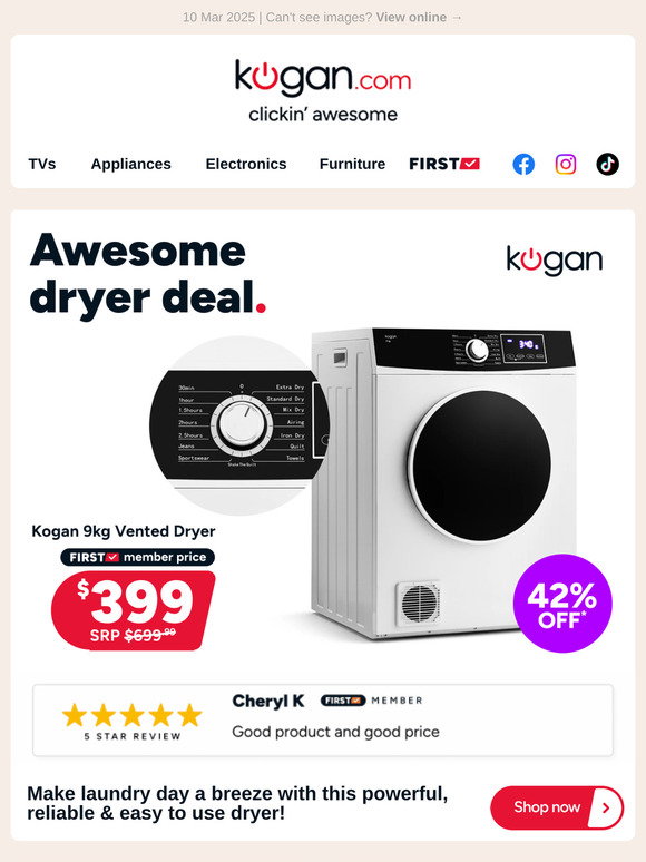 Kogan: Kogan 9kg Dryer ONLY $399 (That's 42% OFF standard retail price ...