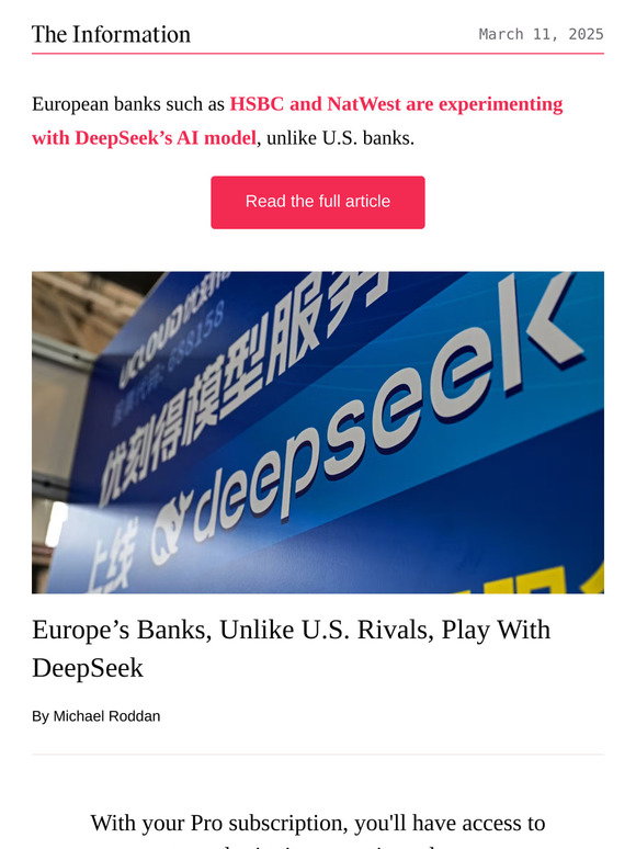 The Information: Europe’s Banks, Unlike U.S. Rivals, Play With DeepSeek ...
