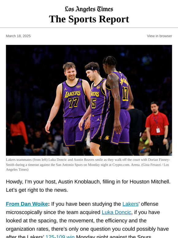 Los Angeles Times: The Sports Report: Luka Doncic and Austin Reaves unstoppable | Milled