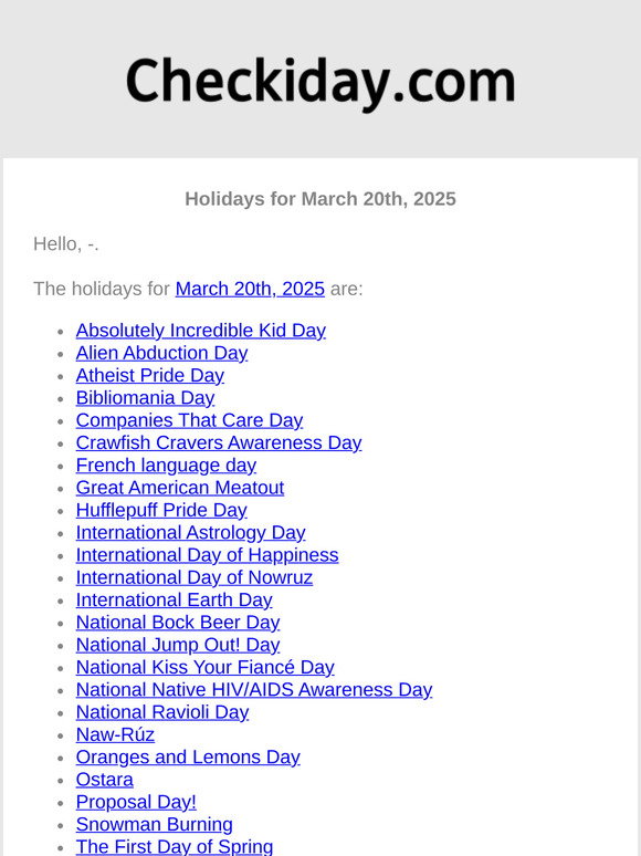 Checkiday: Holidays for March 20th, 2025! 📅🎉 | Milled