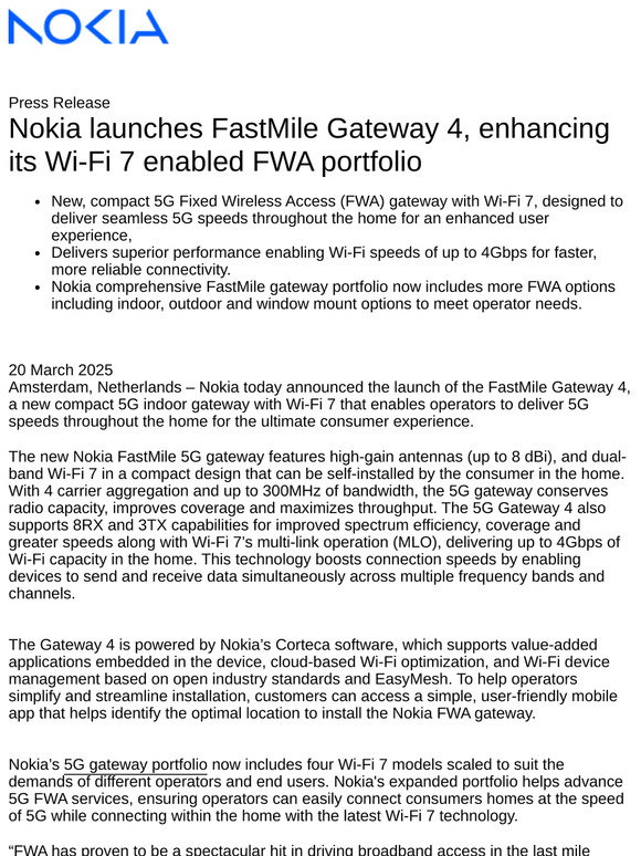 Withings: Nokia launches FastMile Gateway 4, enhancing its Wi-Fi 7 ...