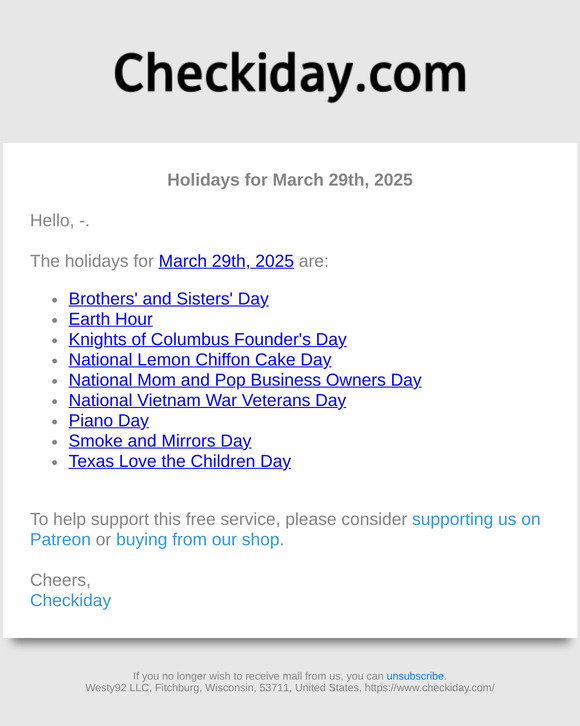 Checkiday: Holidays for March 29th, 2025! 📅🎉 | Milled