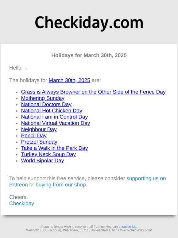 Checkiday: Holidays for March 30th, 2025! 📅🎉 | Milled