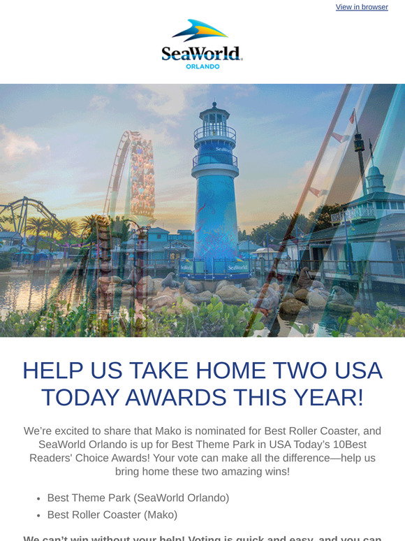 SeaWorld: 🎉 Vote Now: Help Us Win Three Big Awards! 🏆 | Milled