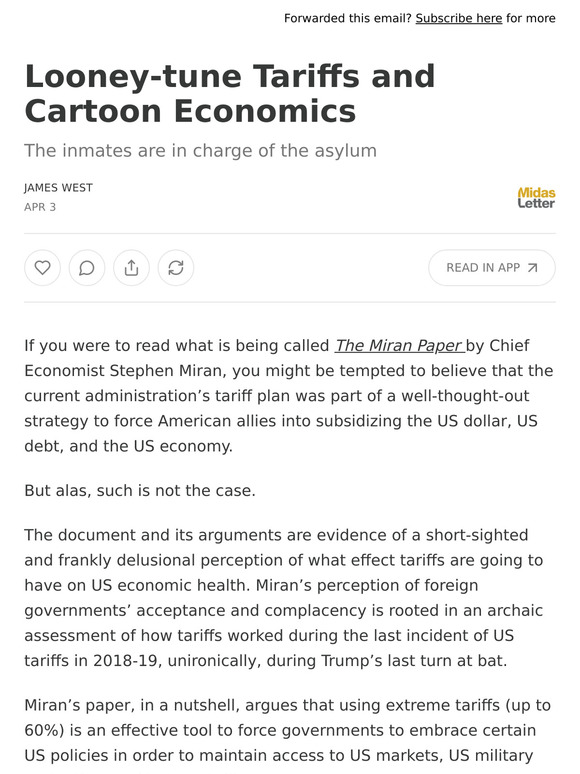 Midas Letter: Looney-tune Tariffs and Cartoon Economics | Milled