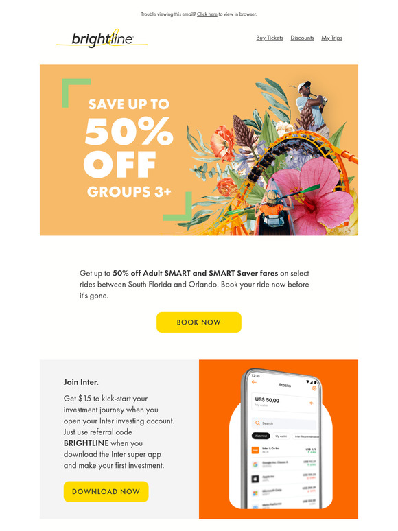 Brightline: Spring into 50% off SMART fares now ☀️. | Milled