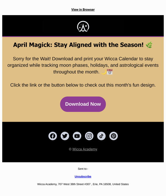 Wicca Academy: April Calendar Now Available (Sorry For The Wait!) | Milled