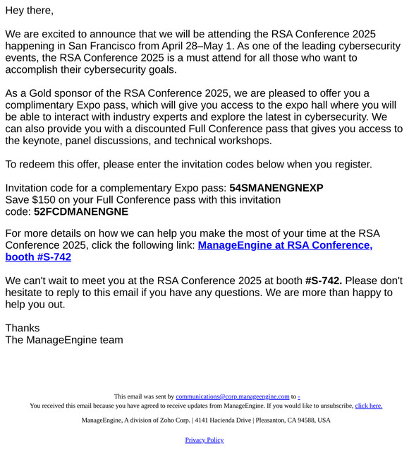 ManageEngine: Grab some free passes for the RSA Conference 2025 | Milled