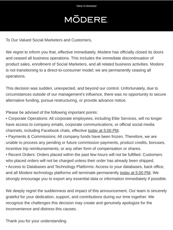 Modere: Important Announcement: Immediate Closure of Modere Operations ...