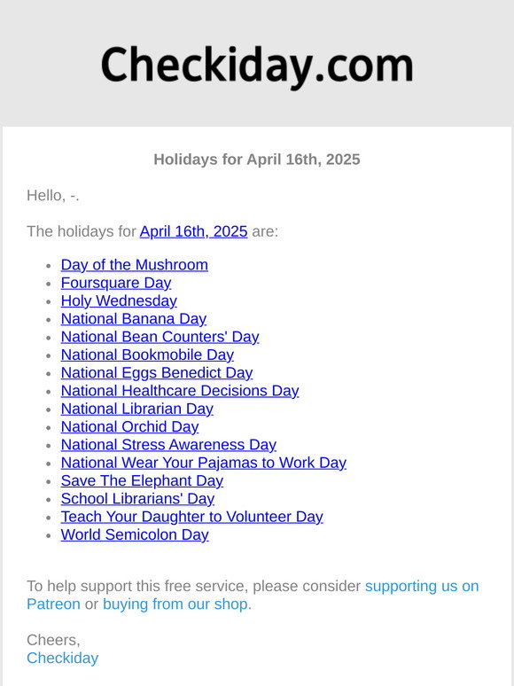 Checkiday: Holidays for April 16th, 2025! 📅🎉 | Milled