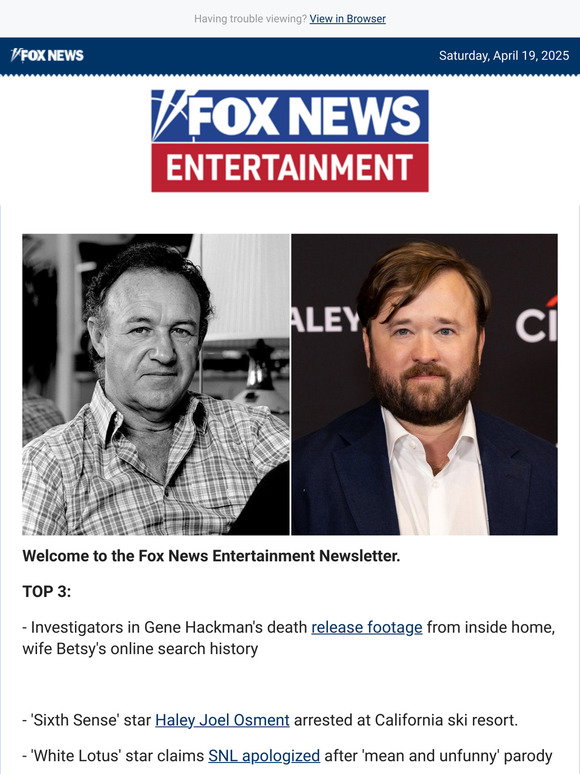 Fox News: Fox News Entertainment Newsletter: Gene Hackman evidence ...