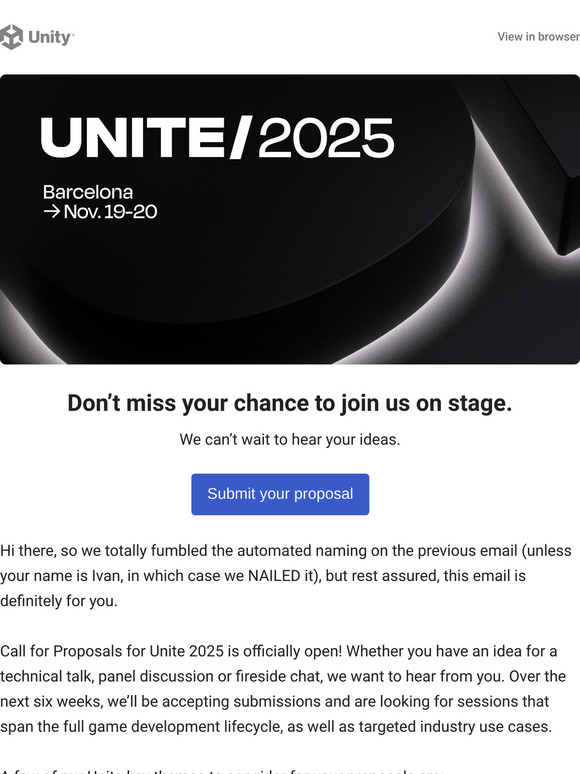 Unity: Unite 2025 Call for Proposals is Now Open! | Milled