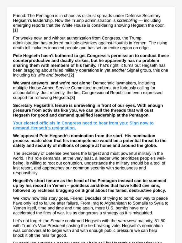 MoveOn: Sign now to demand Hegseth’s resignation | Milled