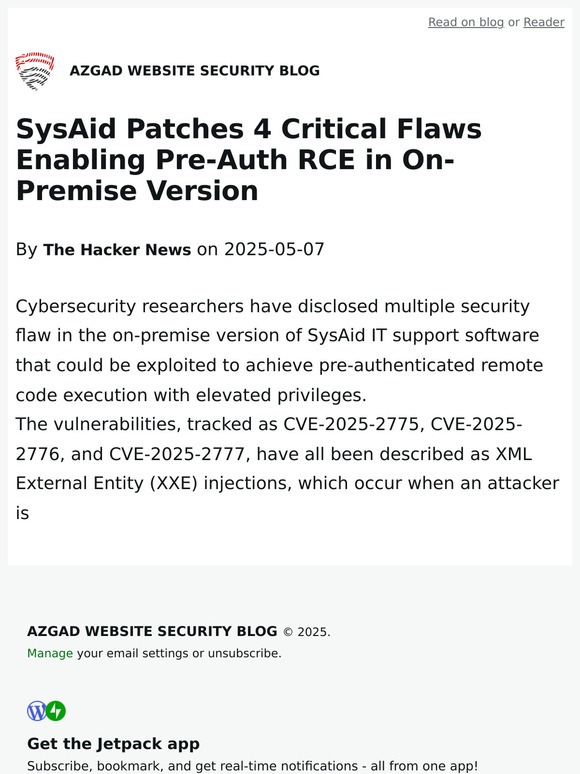 AZGAD Security: SysAid Patches 4 Critical Flaws Enabling Pre-Auth RCE in On-Premise Version | Milled