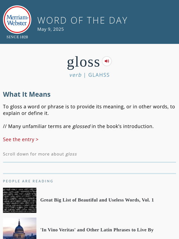 Merriam-Webster: Gloss - plus, Great Big List of Beautiful and Useless ...