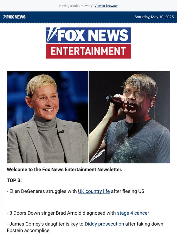 Fox News: Ellen DeGeneres fumbles UK farm life, rock singer shares ...