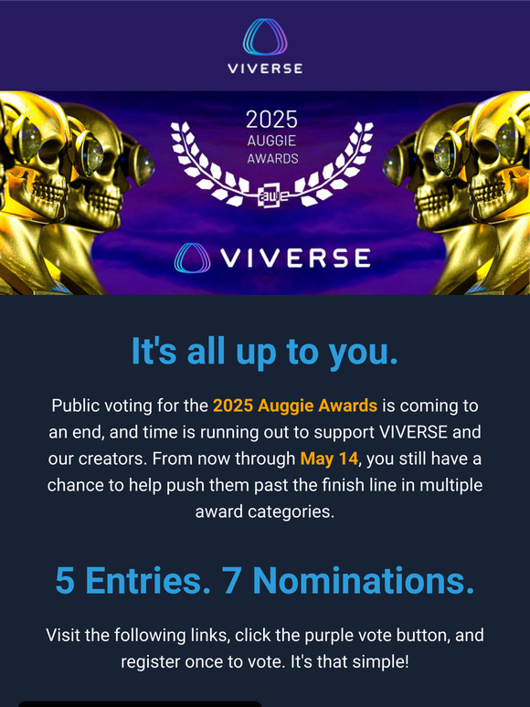 HTC Vive: Support VIVERSE in the 2025 Auggie Awards and help us bring home the win. | Milled