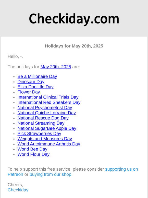 Checkiday: Holidays for May 20th, 2025! 📅🎉 | Milled