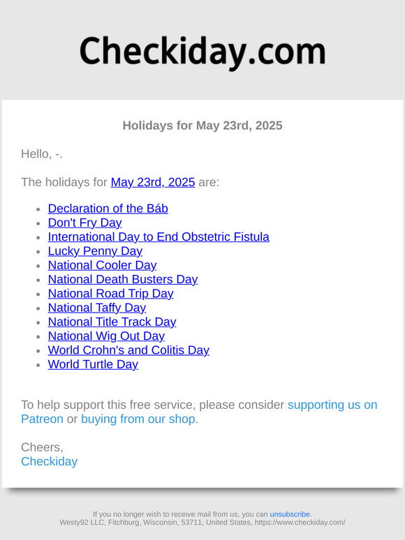 Checkiday: Holidays for May 23rd, 2025! 📅🎉 | Milled
