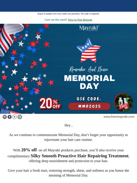 Mayraki: ⏰ Memorial Day Reminder: 20% OFF + Your Free Hair Treatment ...