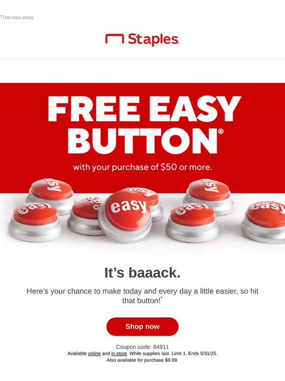 Staples: FREE Easy Button when you spend $50! | Milled