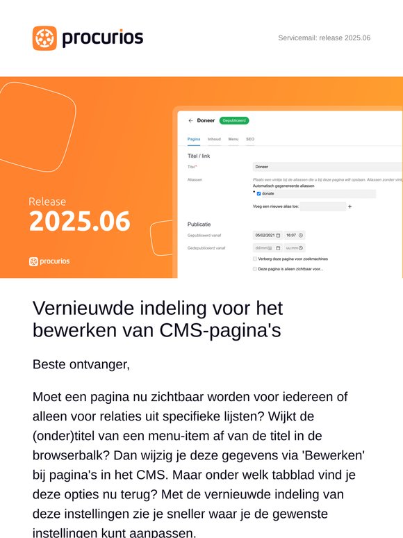 Procurios: Release 2025.06: nieuwe indeling beheerpagina's CMS | Milled