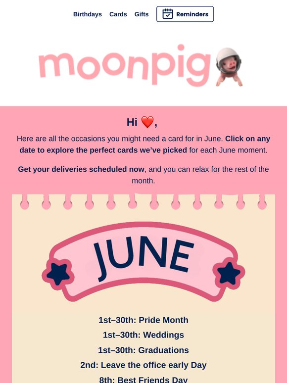 Moonpig: Incoming… your important June dates! 📣 | Milled
