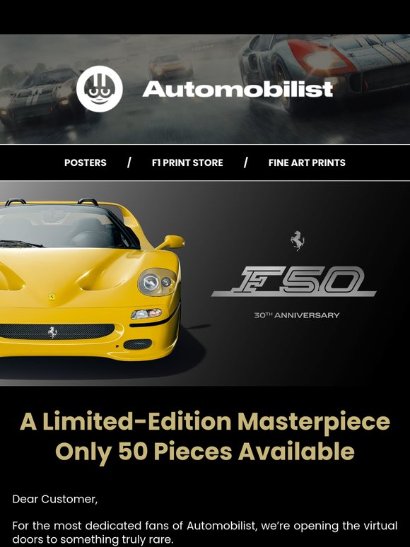 Automobilist: Exclusive Early Access: Only 50 Ferrari F50 Posters ...