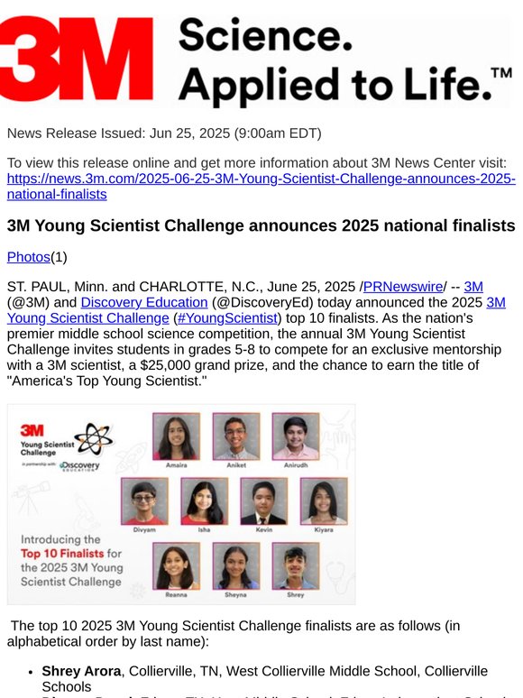 3M: 3M Young Scientist Challenge announces 2025 national finalists | Milled