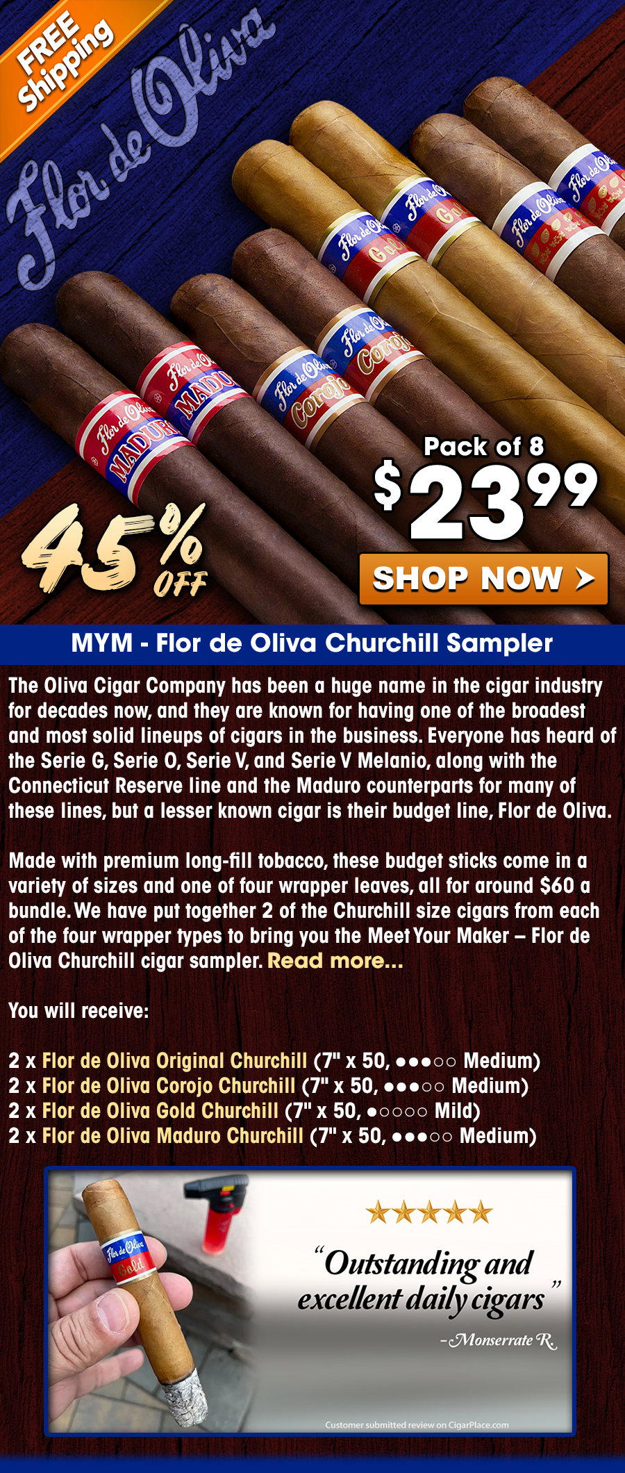 Cigar Place: Flor de Oliva Churchill Sampler 45% OFF! | Milled