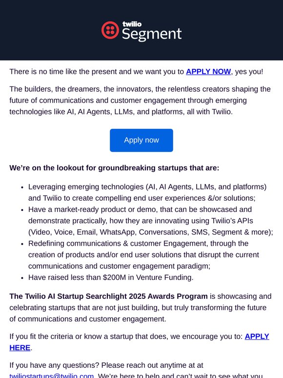 Segment: Calling all Founders and Developers: Spotlight Your Startup with Twilio in 2025 | Milled