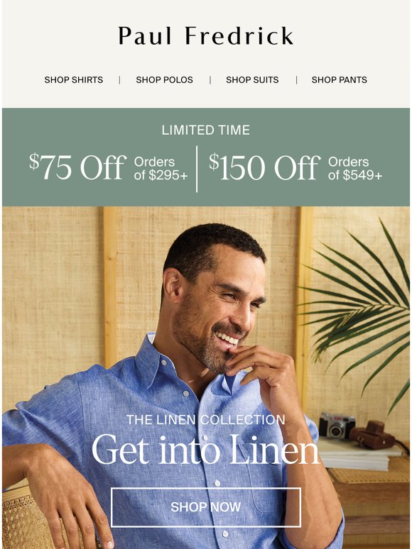 Paul Fredrick: Linen for summer. $75 off $295+ | Milled