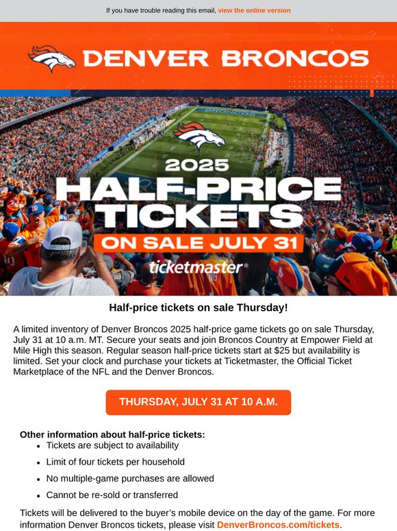 Denver Broncos: OJ: Half-price tickets on sale Thursday! | Milled
