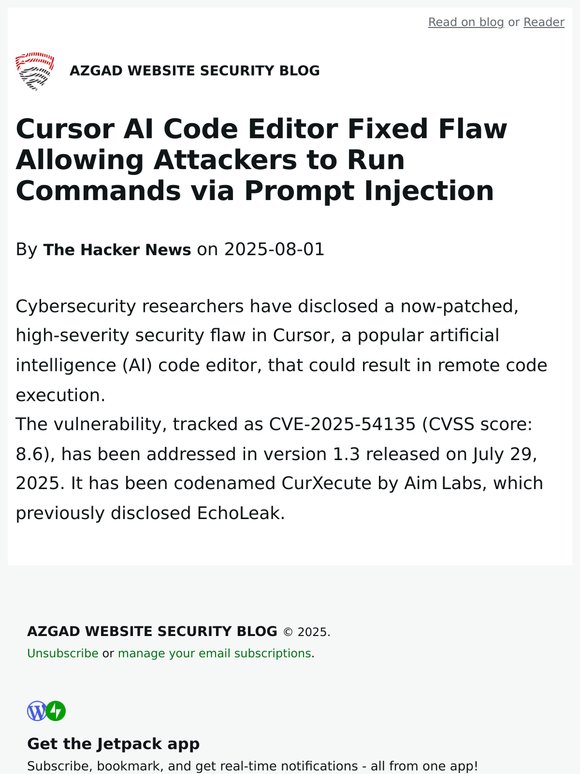 AZGAD Security: Cursor AI Code Editor Fixed Flaw Allowing Attackers to Run Commands via Prompt ...