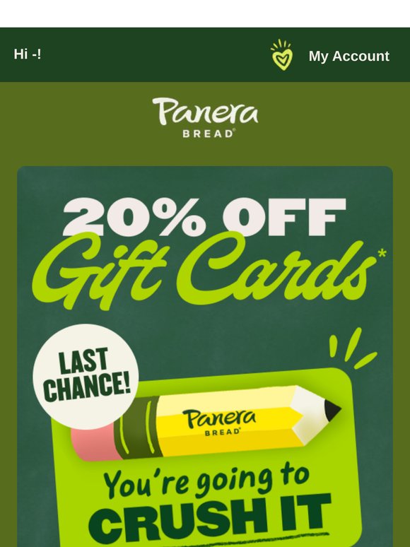 Panera Bread: Last call! 20% OFF Gift Cards 🍎 | Milled